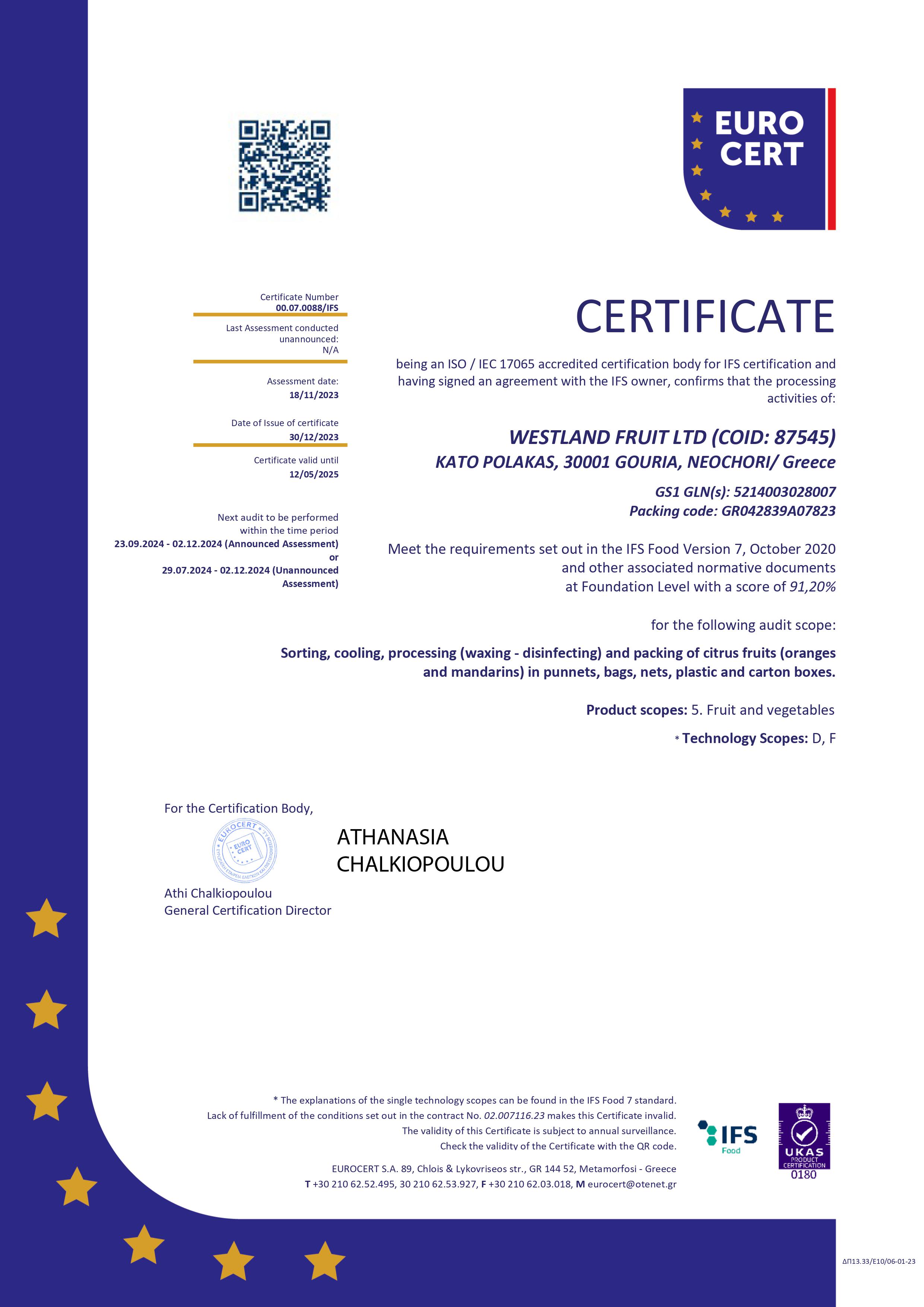 Certifications – Westland Fruits