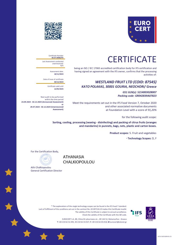 Certifications – Westland Fruits